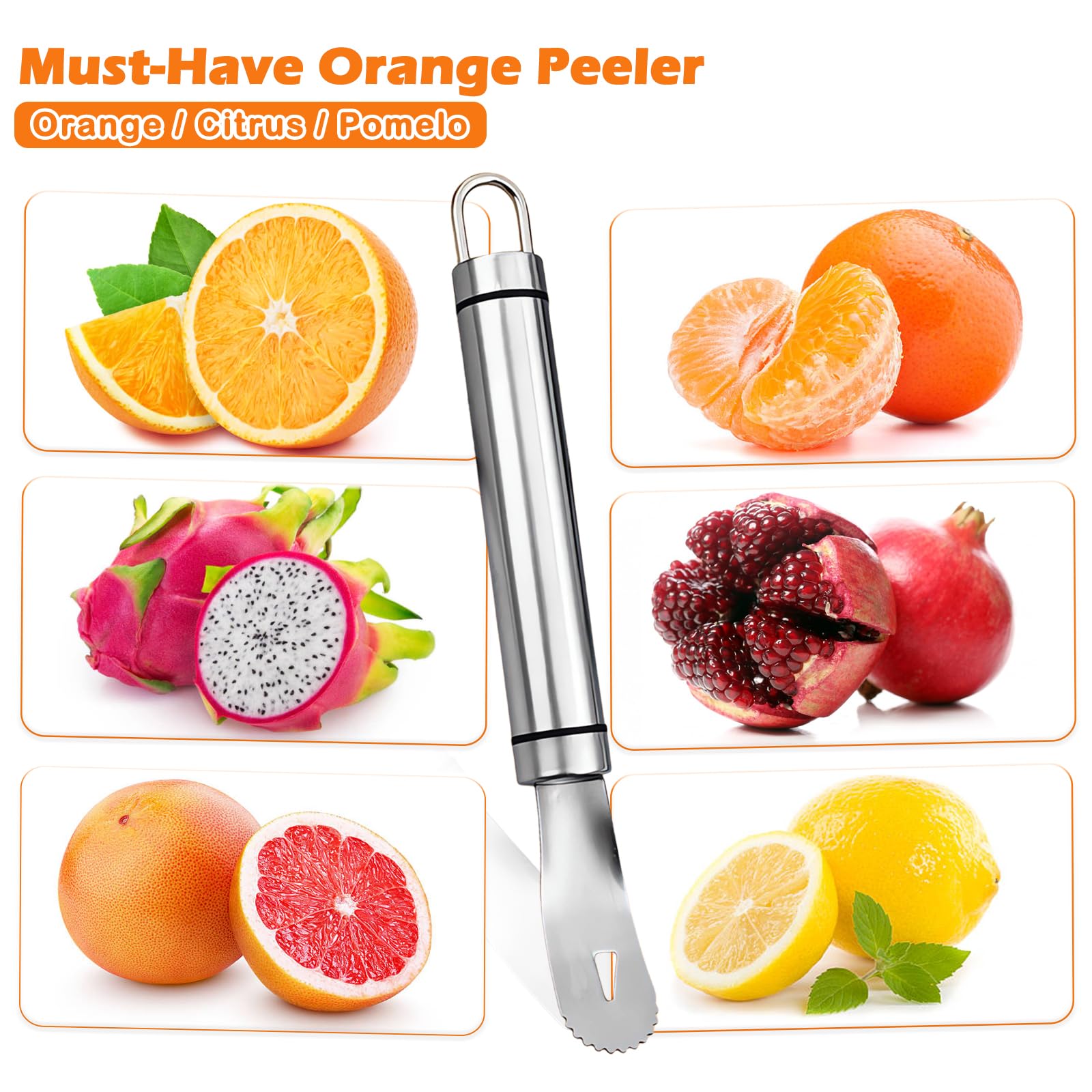 Stainless Steel Orange Peeler | Easy to Peel | Long Handle Orange Citrus Peeler Tool | Triangular-Blade & Zigzag-Shovel Orange Peeler Gadget