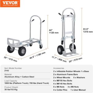 VEVOR Aluminum Folding Hand Truck, 2 in 1 Design 1000 lbs Capacity, Heavy Duty Industrial Collapsible cart, Dolly Cart with Rubber Wheels for Transport and Moving in Warehouse, Supermarket, Garden