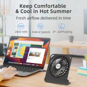 AMKEN Small Table Fans - 2000mAh USB Fan Desk Fan 4 Speeds Adjustable - 200° Tilt Folding Quiet Operation for Office Bedroom Home Desktop Camping