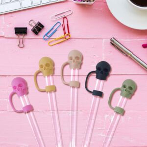 TDTOK 5Pcs Cute Skull Straw Toppers, Well Made Skull Shape Silicone Stanley Straw Cover Fit 10mm Straw Dust Proof Reusable Stanley Cup Straw Cover