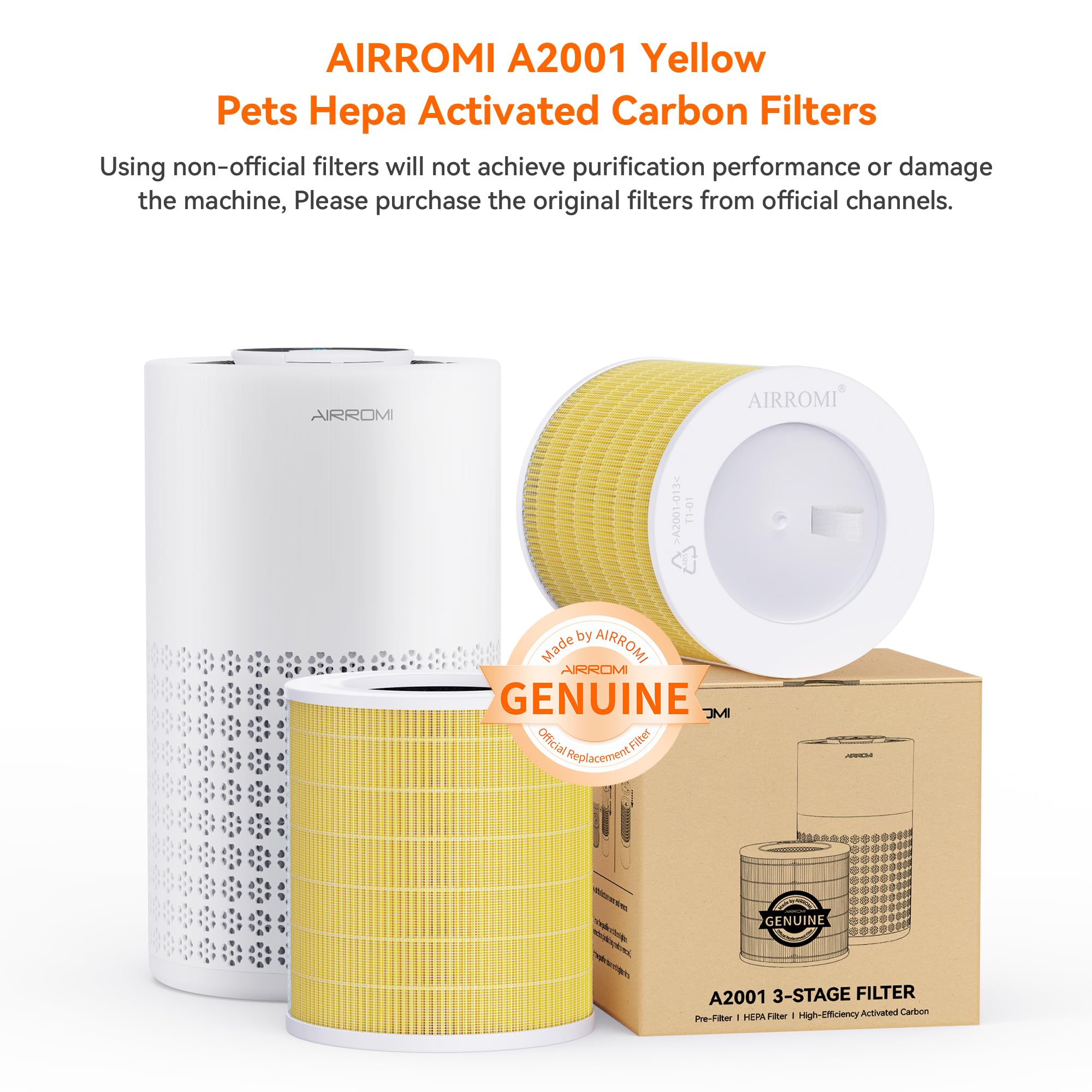 AIRROMI A2001 HEPA Air Purifier Replacement Filter: Original 3-in-1 Filter, Removes 99.97% of 0.3 Micron Particles, Yellow Activated Carbon Filter - Pets & Allergen Specific 1 Pack