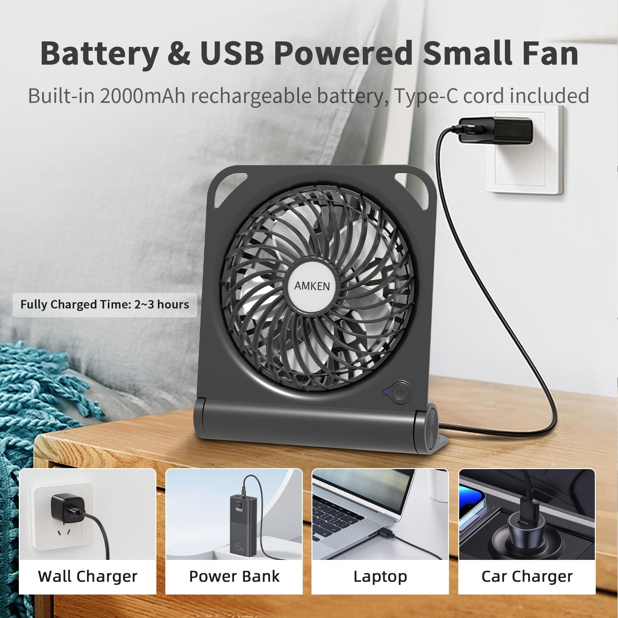 AMKEN Small Table Fans - 2000mAh USB Fan Desk Fan 4 Speeds Adjustable - 200° Tilt Folding Quiet Operation for Office Bedroom Home Desktop Camping