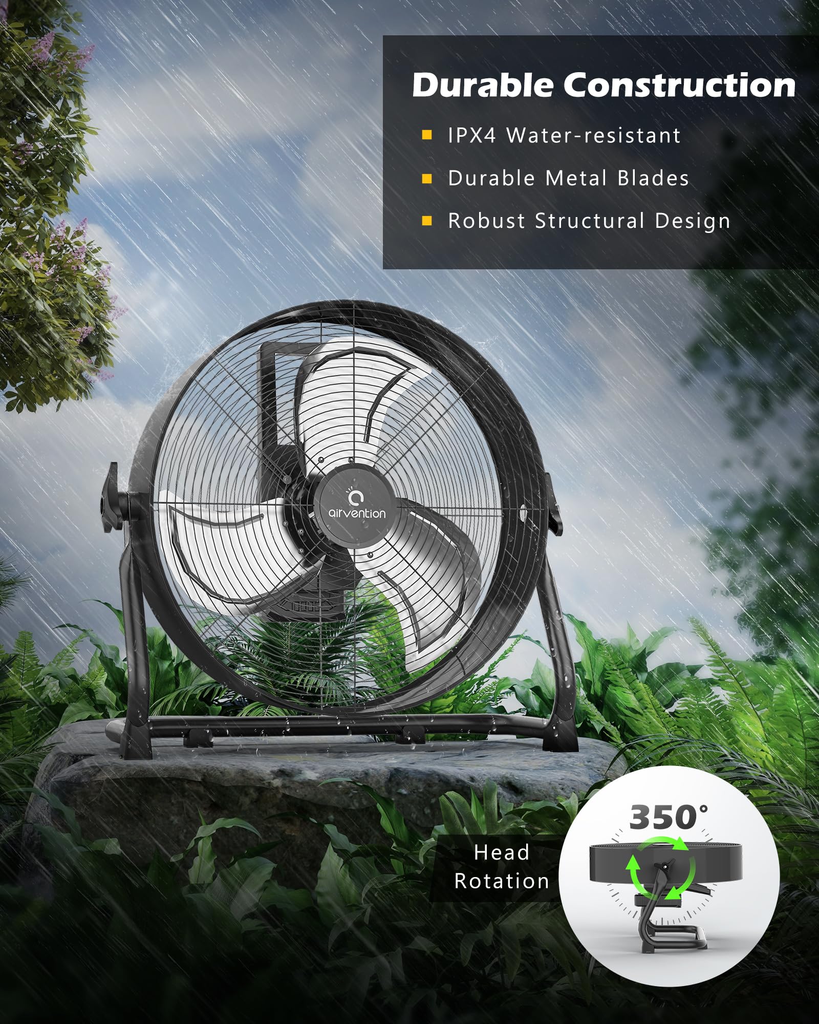 Airvention 15600mAh Rechargeable Battery Operated Floor Fan, 12 inch Black Industrial High Velocity Drum Fan, Camping Fan for Gym Garage Outdoor Indoor, AI-F600