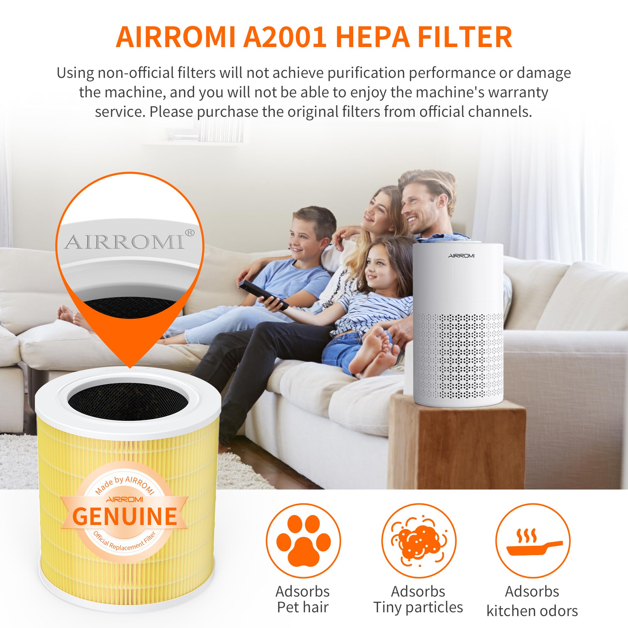 AIRROMI A2001 HEPA Air Purifier Replacement Filter: Original 3-in-1 Filter, Removes 99.97% of 0.3 Micron Particles, Yellow Activated Carbon Filter - Pets & Allergen Specific 1 Pack