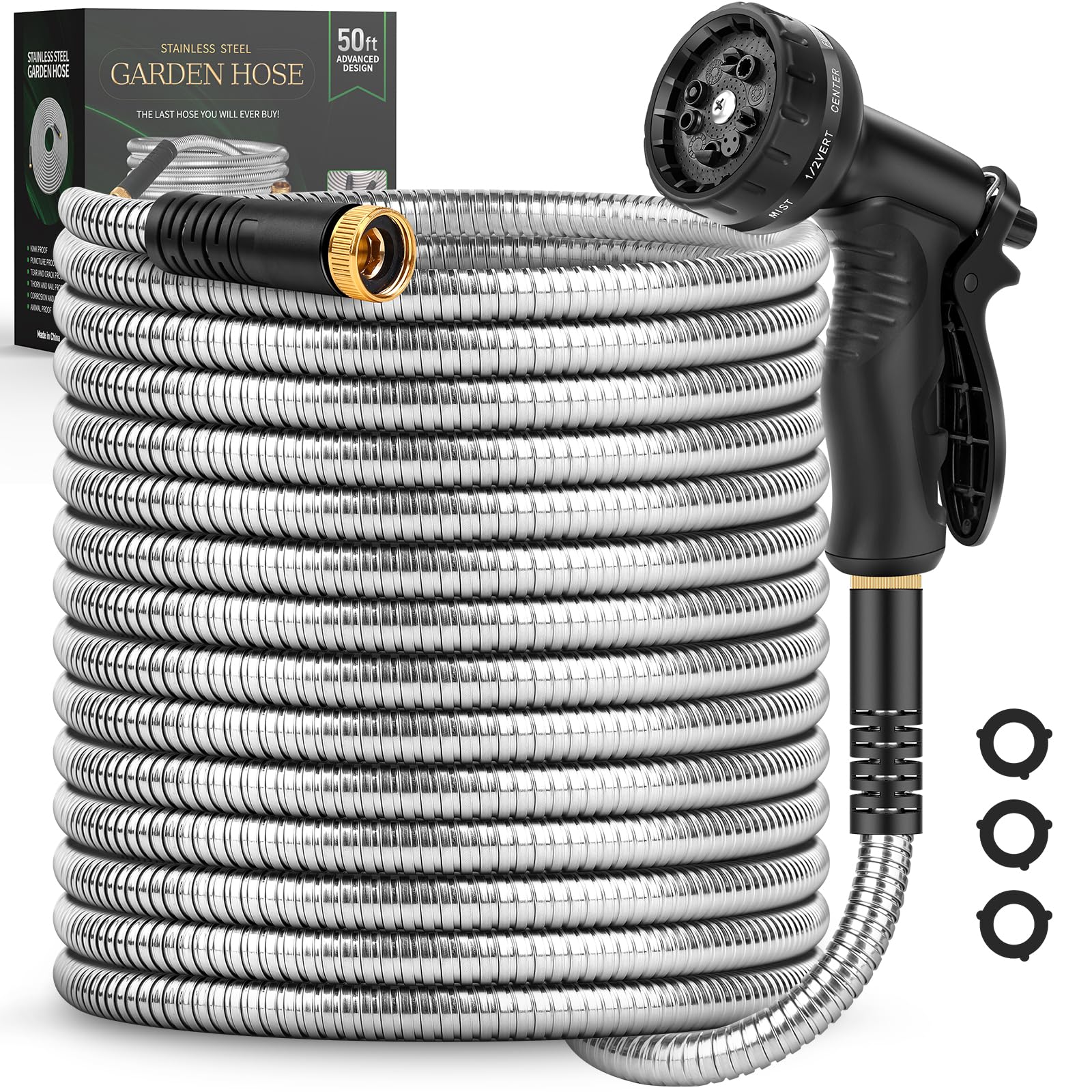 Garden Hose 50 FT, Metal Stainless Steel Water Hose with 10 Function Nozzles, No Kinks, Flexible Hose, Lightweight, Puncture Proof, Heavy Duty Hose for Yard and Outdoor