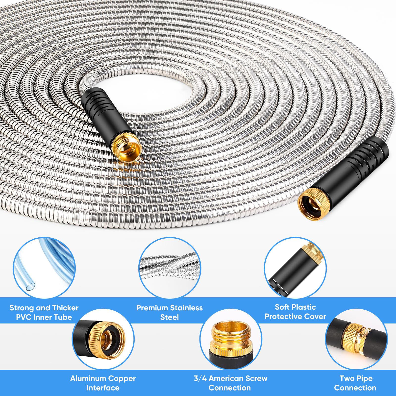 Garden Hose 50 FT, Metal Stainless Steel Water Hose with 10 Function Nozzles, No Kinks, Flexible Hose, Lightweight, Puncture Proof, Heavy Duty Hose for Yard and Outdoor