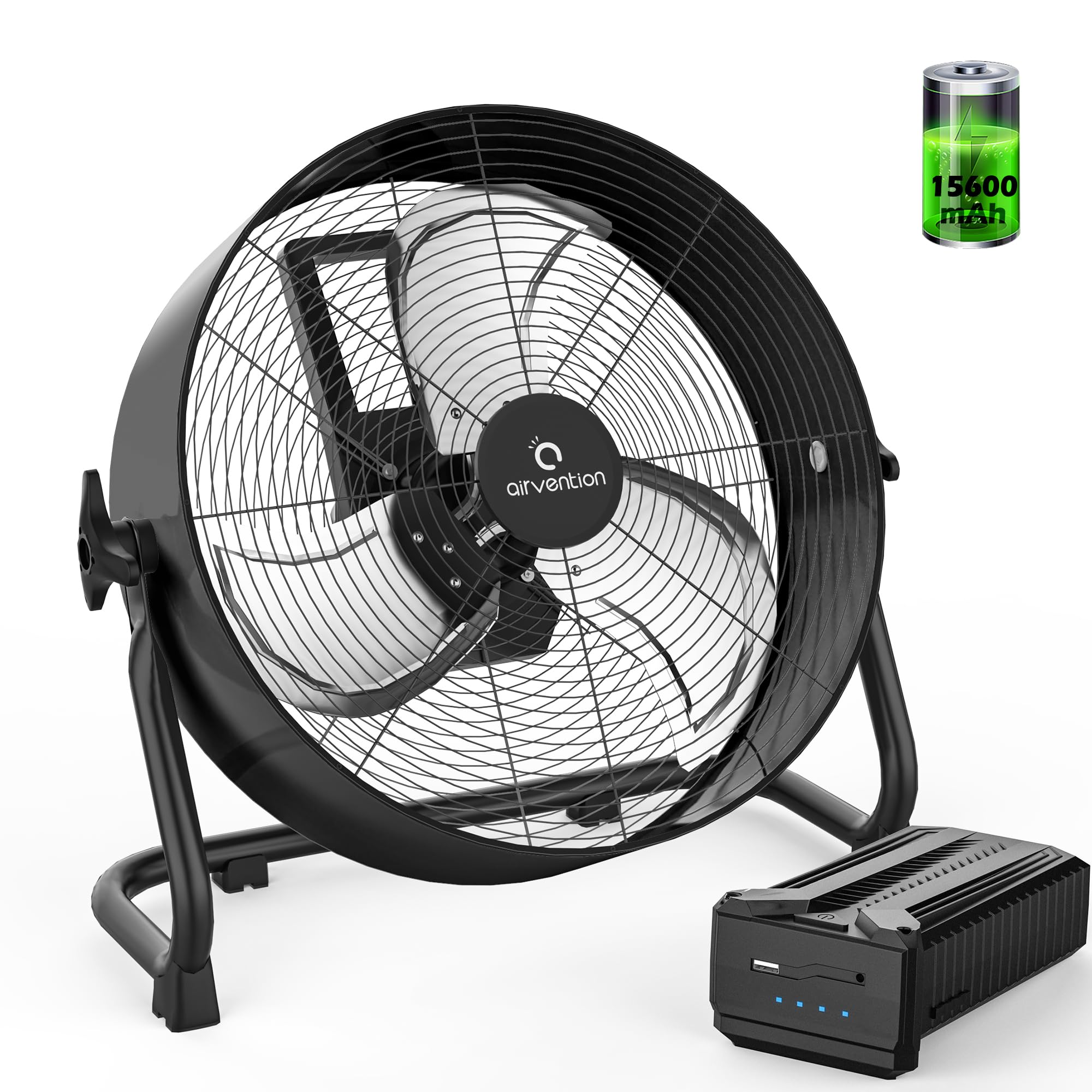 Airvention 15600mAh Rechargeable Battery Operated Floor Fan, 12 inch Black Industrial High Velocity Drum Fan, Camping Fan for Gym Garage Outdoor Indoor, AI-F600