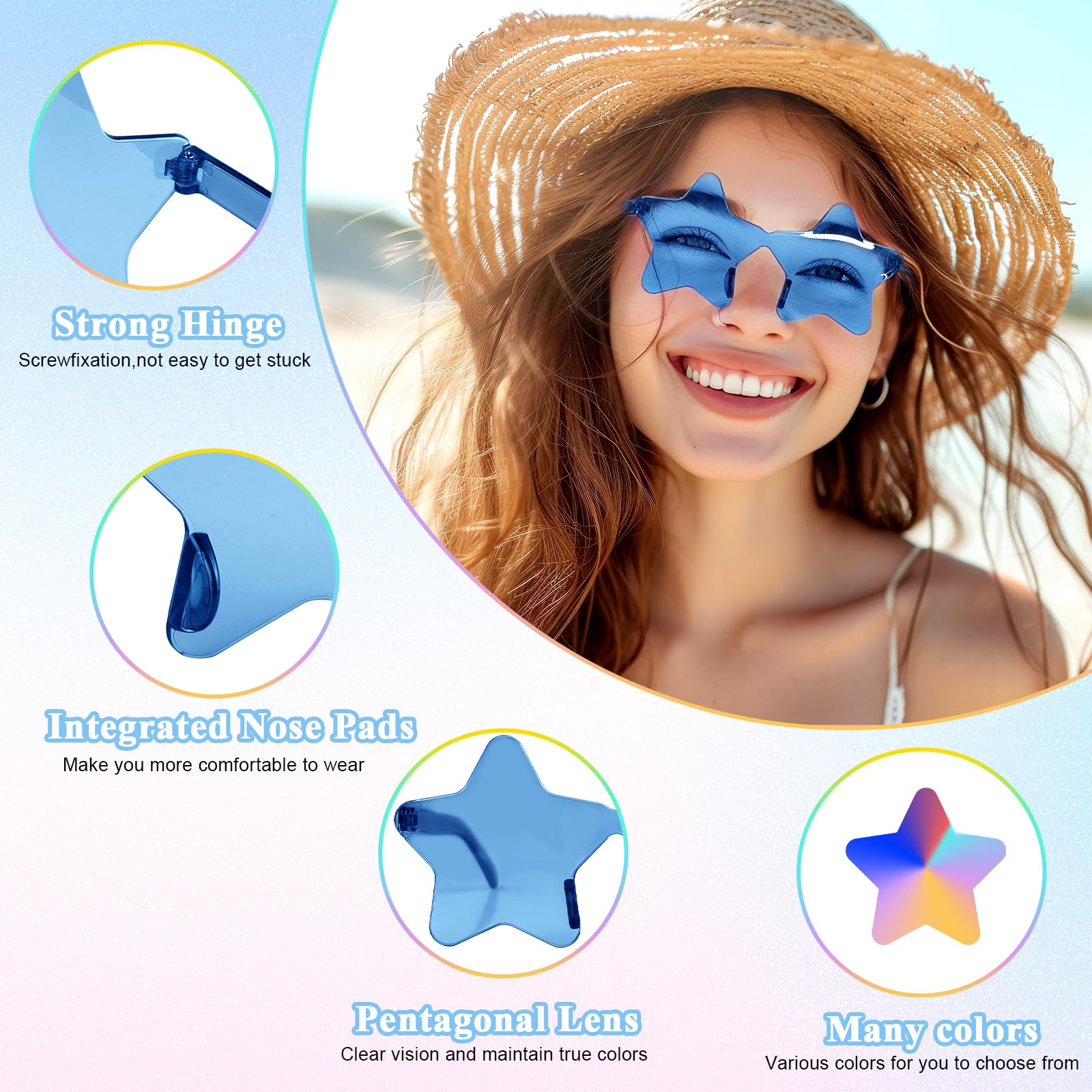 NACHLYNN 12 Pcs Rimless Star Shaped Sunglasses Light Blue Transparent Sunglasses Pentagram Glasses for Party Favor Cosplay