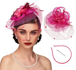 dressfan fascinator hat headpiece womens vintage headband wedding veil hat 20s 50s hair accessories headwear for kentucky derby/wedding/cocktail/tea party,rose