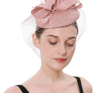 Focupaja Fascinators Hats Women Pillbox Hat with Mesh Veil Feathers Derby Headband Wedding Headwear Tea Party Hair Clip 20s 50s Top Hat W4-38-Pink