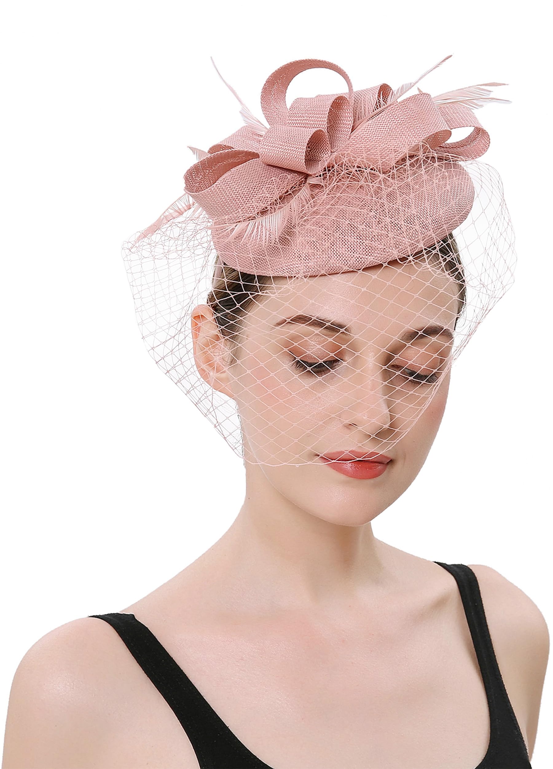 Focupaja Fascinators Hats Women Pillbox Hat with Mesh Veil Feathers Derby Headband Wedding Headwear Tea Party Hair Clip 20s 50s Top Hat W4-38-Pink