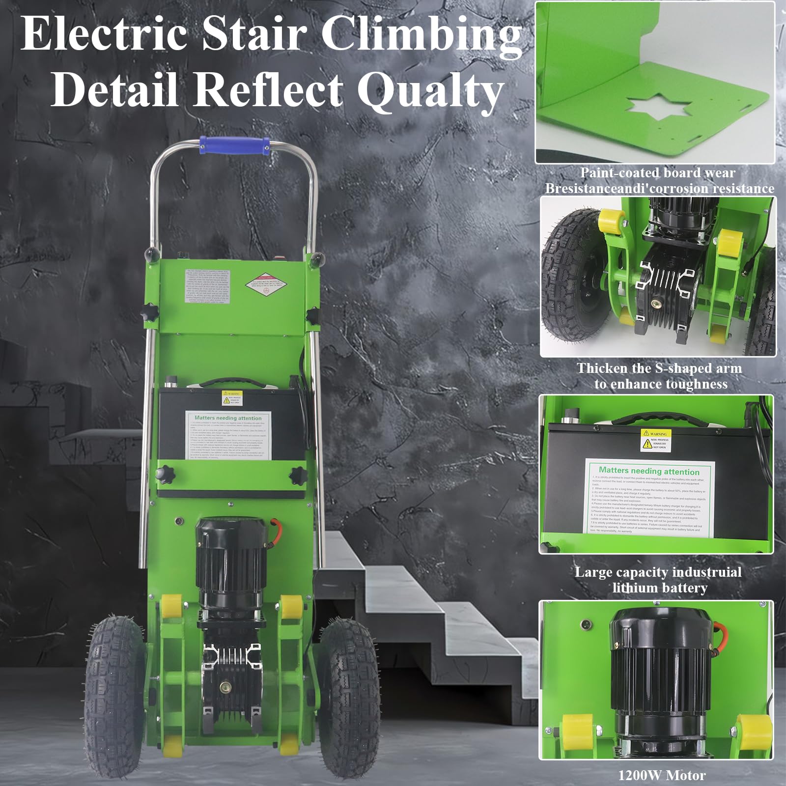 Reihipun Electric Stair Climbing Hand Trucks Dolly Cart for Moving 881lb Capacity Heavy Duty Stair Climber Cart Hand Trolley with 4 Wheels Motor Battery Powered for Heavy Furniture (Green- 24Ah)