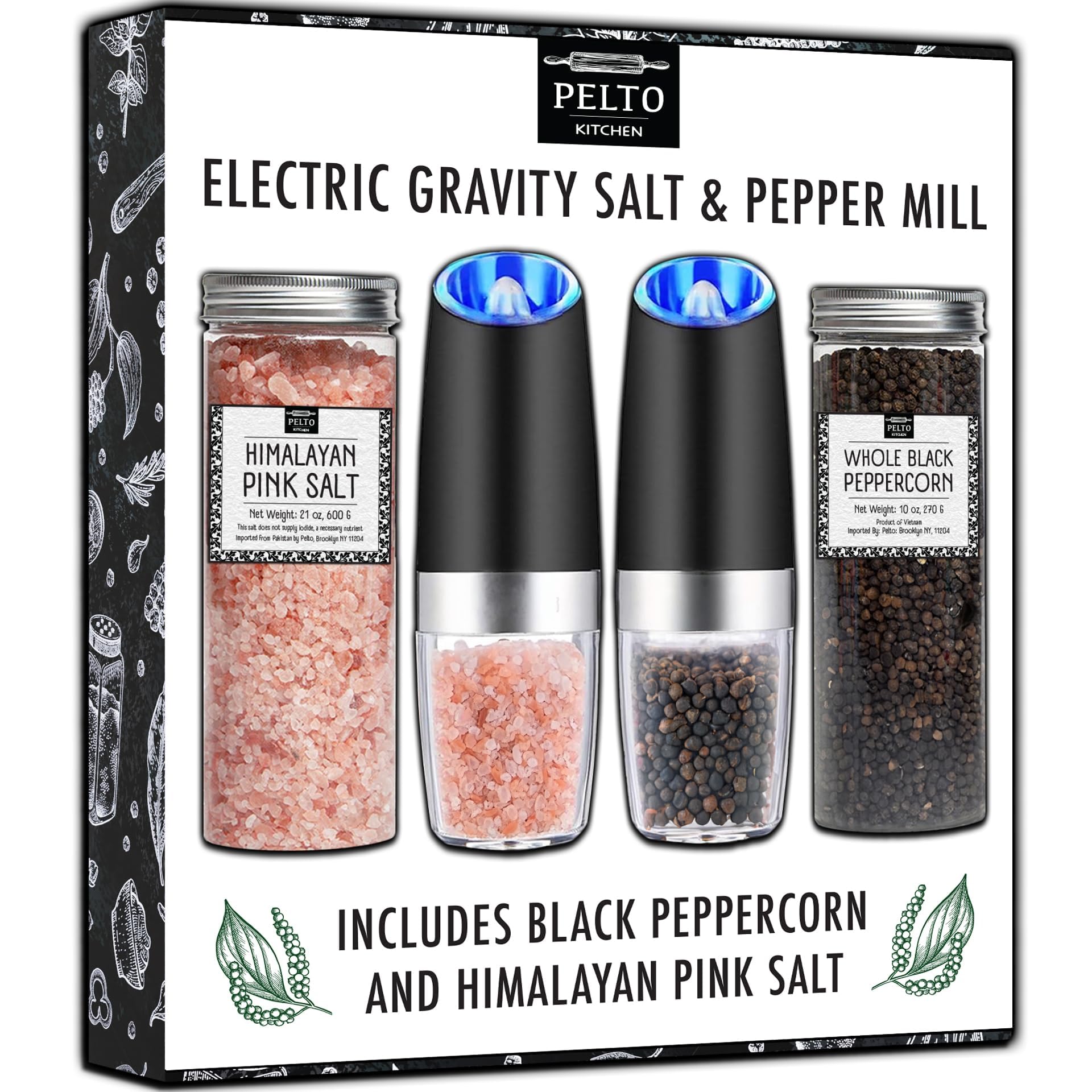 Gravity Electric Salt and Pepper Grinder Gift Set With Black Peppercorns, Himalayan Pink Salt, Adjustable Grind - House Warming Gifts Unique Kitchen Gadget Dad Mom Gifts Christmas Gift Box Mothers Day