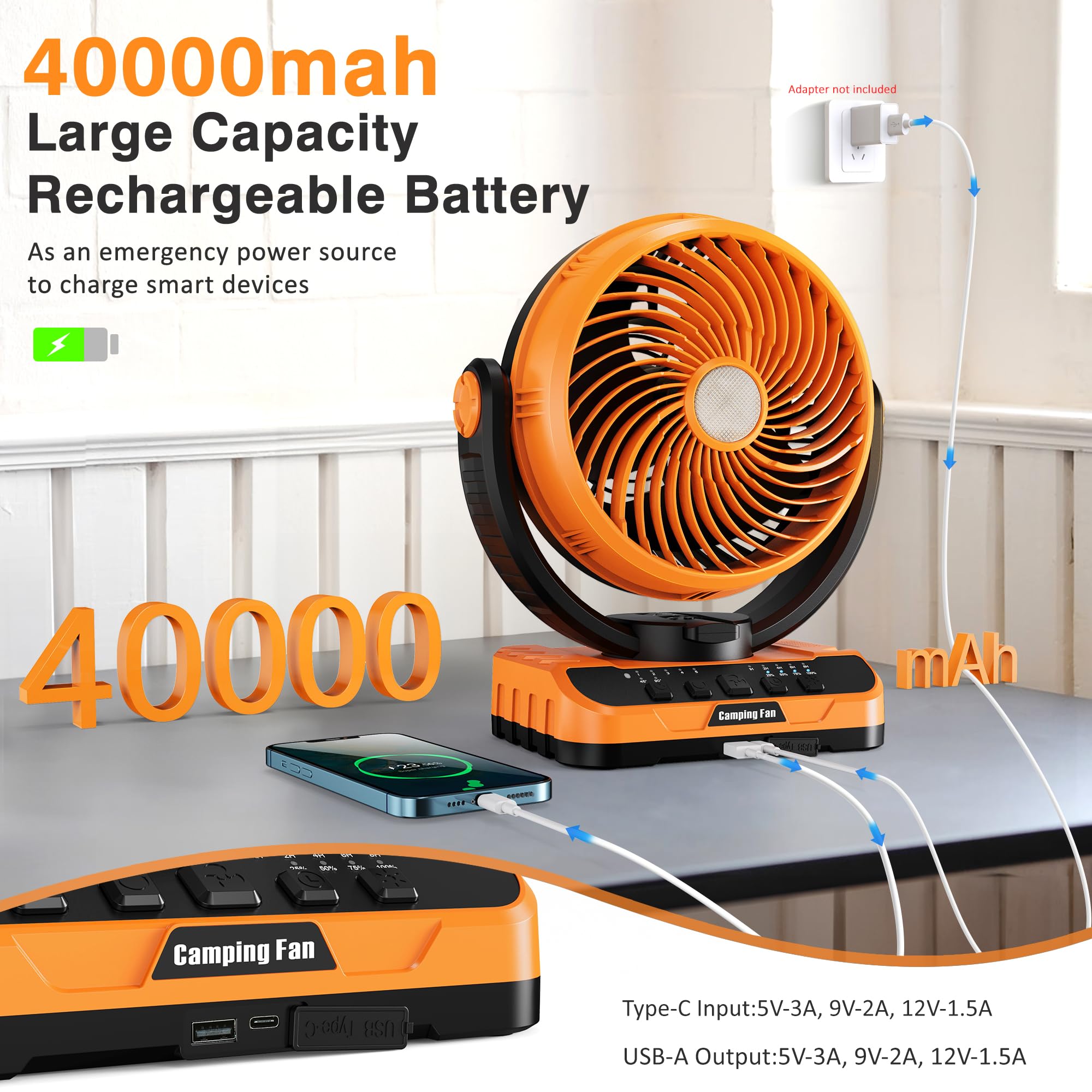 40000mAh Battery Operated Fan Remote & Oscillating, Rechargeable Fan with LED Lantern, Timer, Hanging Hook, USB-C Charging, Battery Powered Table Fan for Home Camping RV Travel Hurricane Emergency