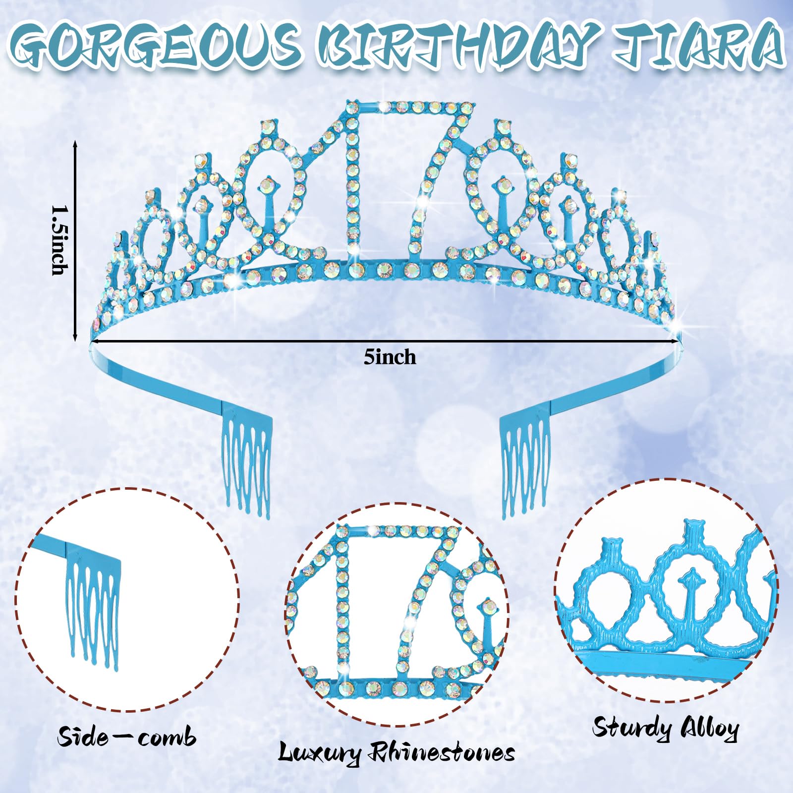 Crowye 17th Dancing Queen Gifts Dancing Queen 17 Cake Topper 17th Tiara Crown Sash Candles 17 Birthday Decorations for Party Accessories(Blue)