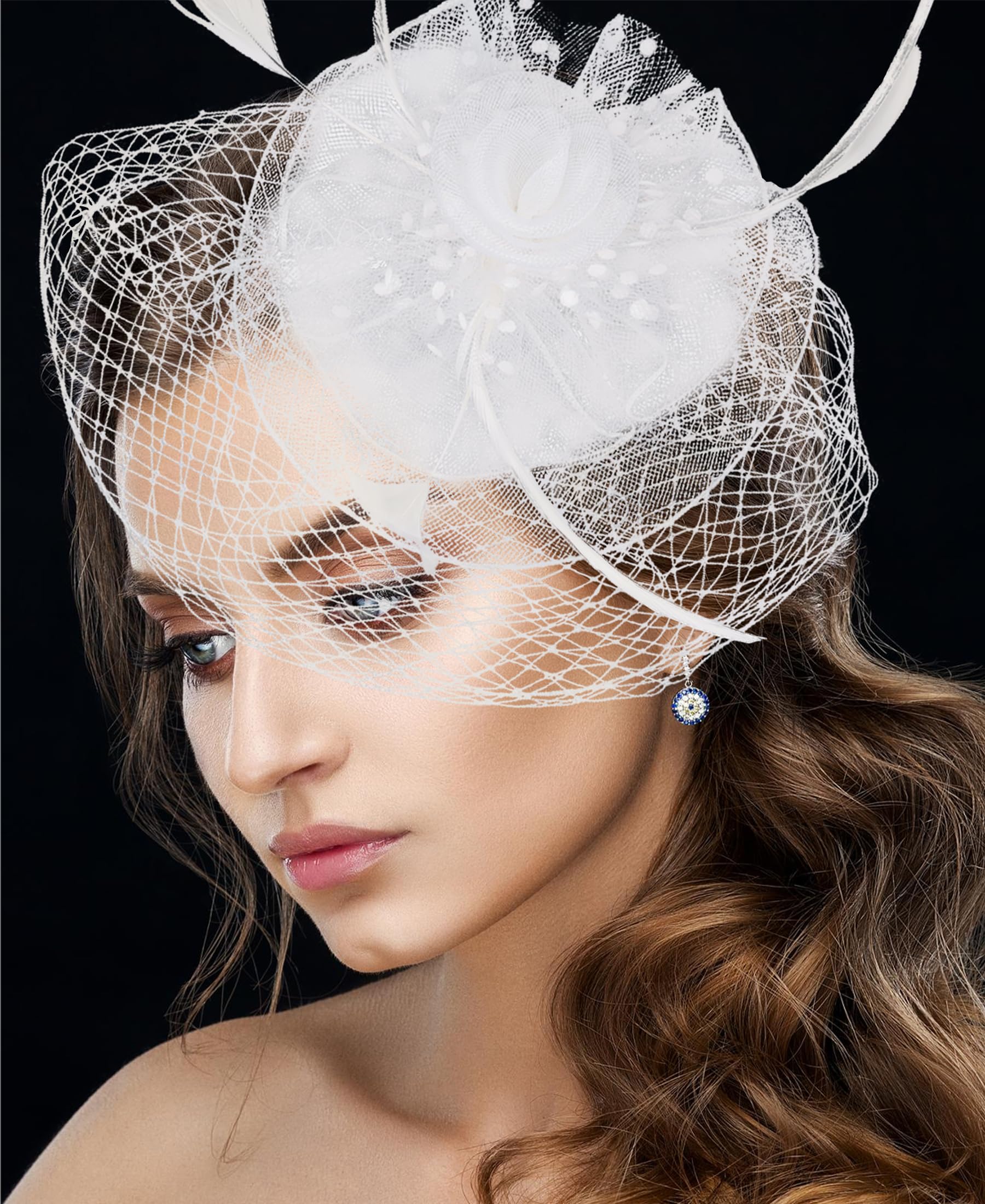 Kidukso Mesh Veil Hats Headbands Bridal Fascinators Hats with Headband and Clip Women Lady Kentucky Derby Cap Wedding Tea Party, White