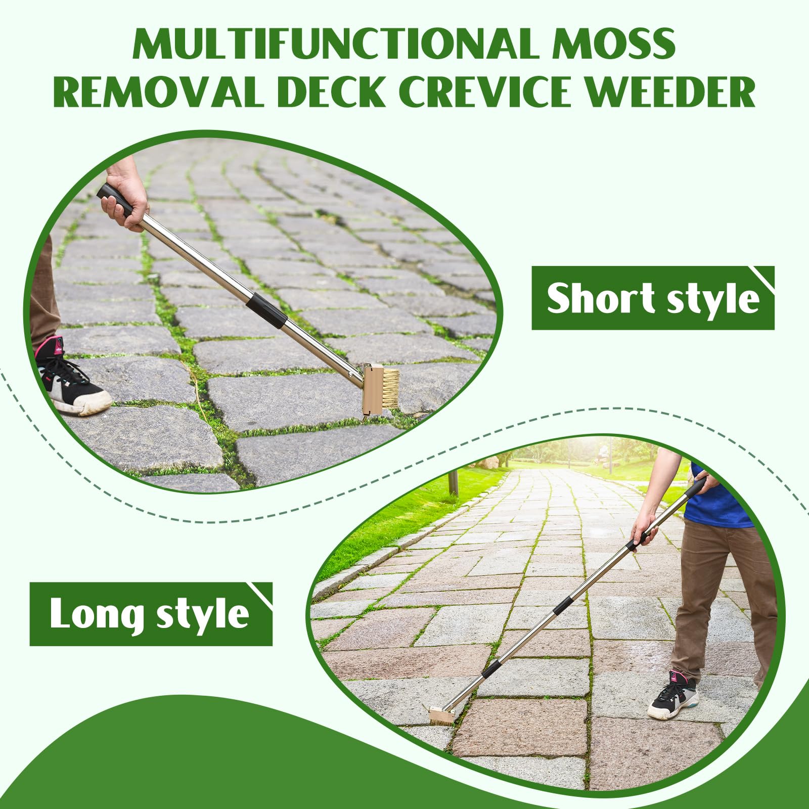 Crack Weeder, Manual Crevice Weeding Tool, Moss Weed Remover Puller Tool Grout Brush with Adjustable Stainless Steel Long Handle for Deck, Paver, Patio, Walkway, Driveway Crack - 2 Weed Brush Heads