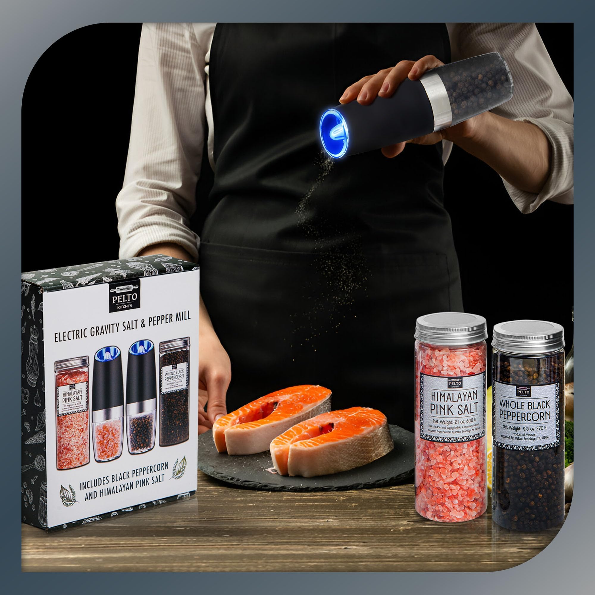 Gravity Electric Salt and Pepper Grinder Gift Set With Black Peppercorns, Himalayan Pink Salt, Adjustable Grind - House Warming Gifts Unique Kitchen Gadget Dad Mom Gifts Christmas Gift Box Mothers Day