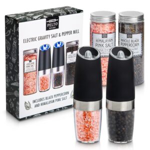 Gravity Electric Salt and Pepper Grinder Gift Set With Black Peppercorns, Himalayan Pink Salt, Adjustable Grind - House Warming Gifts Unique Kitchen Gadget Dad Mom Gifts Christmas Gift Box Mothers Day