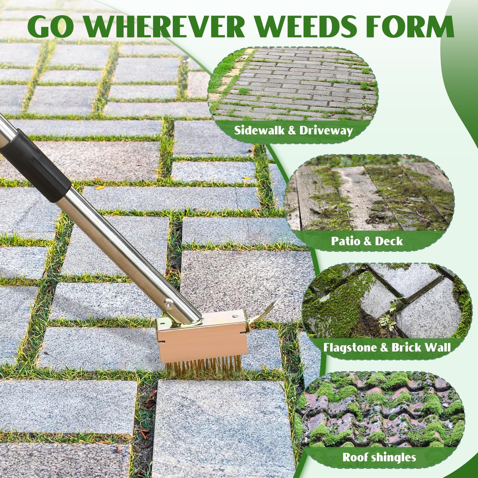 Crack Weeder, Manual Crevice Weeding Tool, Moss Weed Remover Puller Tool Grout Brush with Adjustable Stainless Steel Long Handle for Deck, Paver, Patio, Walkway, Driveway Crack - 2 Weed Brush Heads