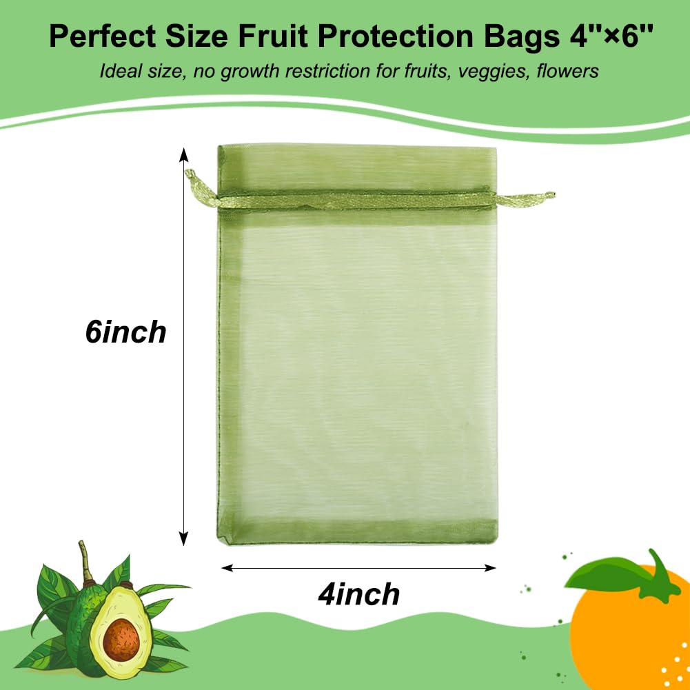 JOINDO 100 Pcs Fruit Protection Bags, 4''×6''Fruit Netting Bags for Fruit Trees, Green Fruit Cover Mesh Bag with Drawstring Netting Barrier Bags for Plant Fruit Flower and Vegetables