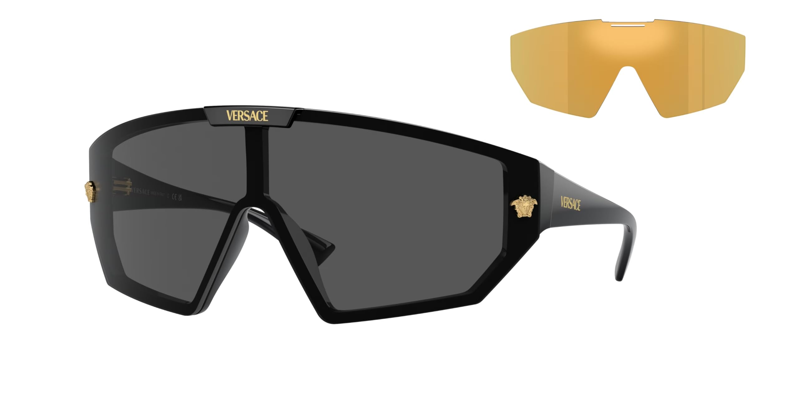 Versace VE4461 GB1/87 47MM Black/Dark Grey/Mirror Gold Shield Sunglasses for Men for Women + BUNDLE With Designer iWear Complimentary Eyewear Kit