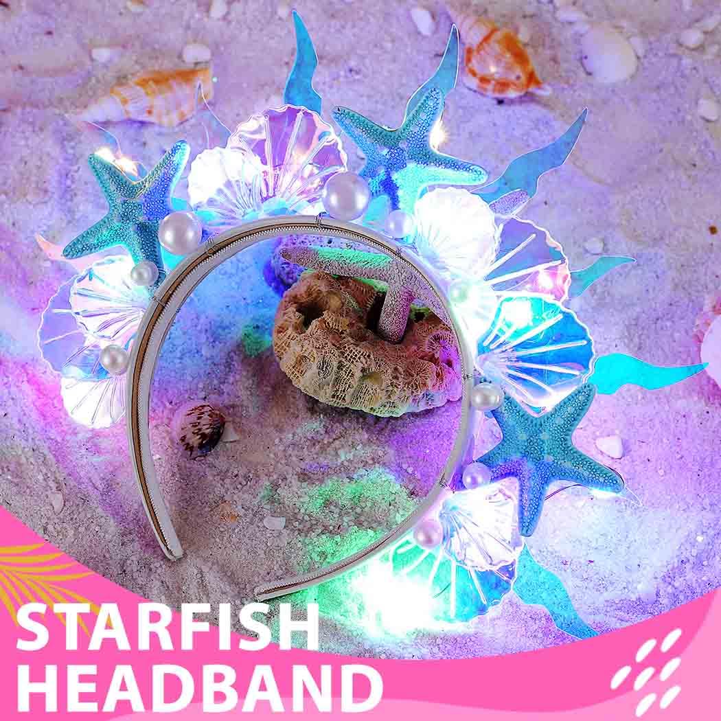 Zoestar Light Up Mermaid Starfish Headband Glow Led Shell Hair Bands Pearl Costume Hair Accessories for Women