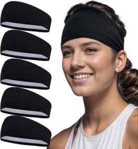 calbeing women workout black headband with silicone grip(5pack) non slip sweatband sport hair band for running exercise gym yoga