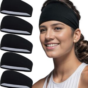 Calbeing Women Workout Black Headband with Silicone Grip(5Pack) Non Slip Sweatband Sport Hair Band for Running Exercise Gym Yoga