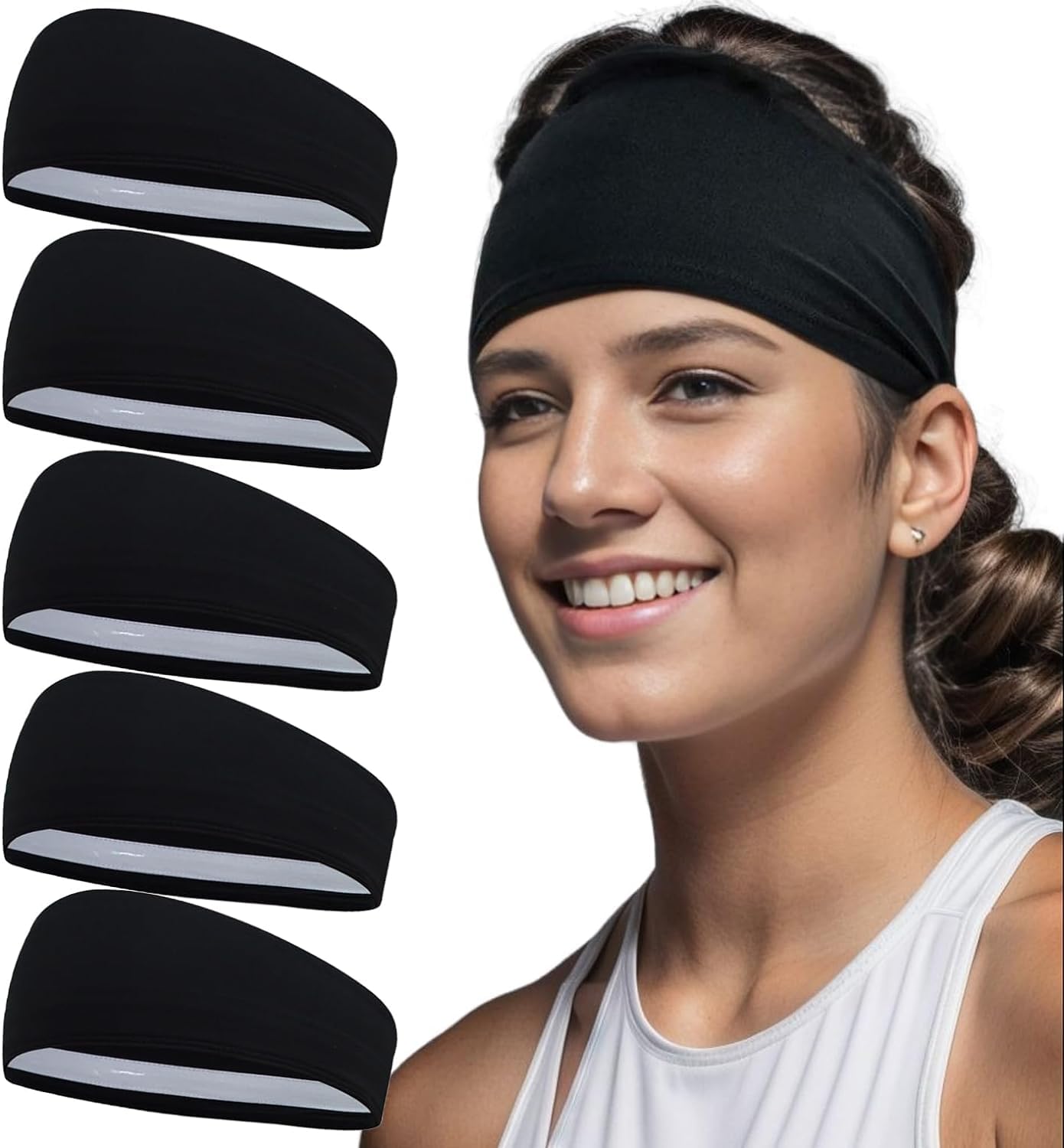 Calbeing Women Workout Black Headband with Silicone Grip(5Pack) Non Slip Sweatband Sport Hair Band for Running Exercise Gym Yoga