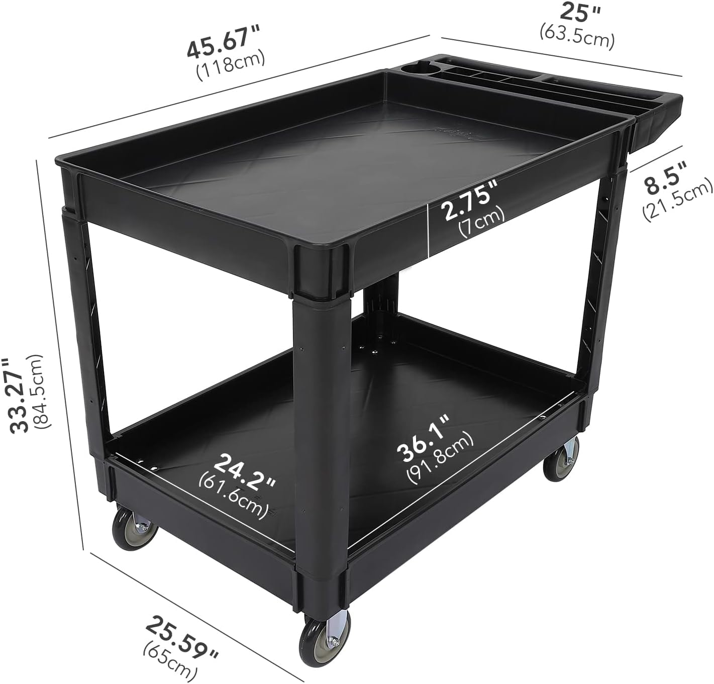 Service Utility Cart 2-Shelf Utility/Service Cart, 500-Pound Capacity, Storage Handle, for Warehouse/Garage/Cleaning/Manufacturing，45"X25"