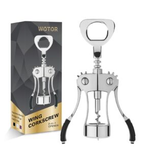 wotor corkscrew wine opener, zinc alloy wine bottle opener, manual multifunctional wing corkscrew for waiters, heavy duty wine cork remover, silver