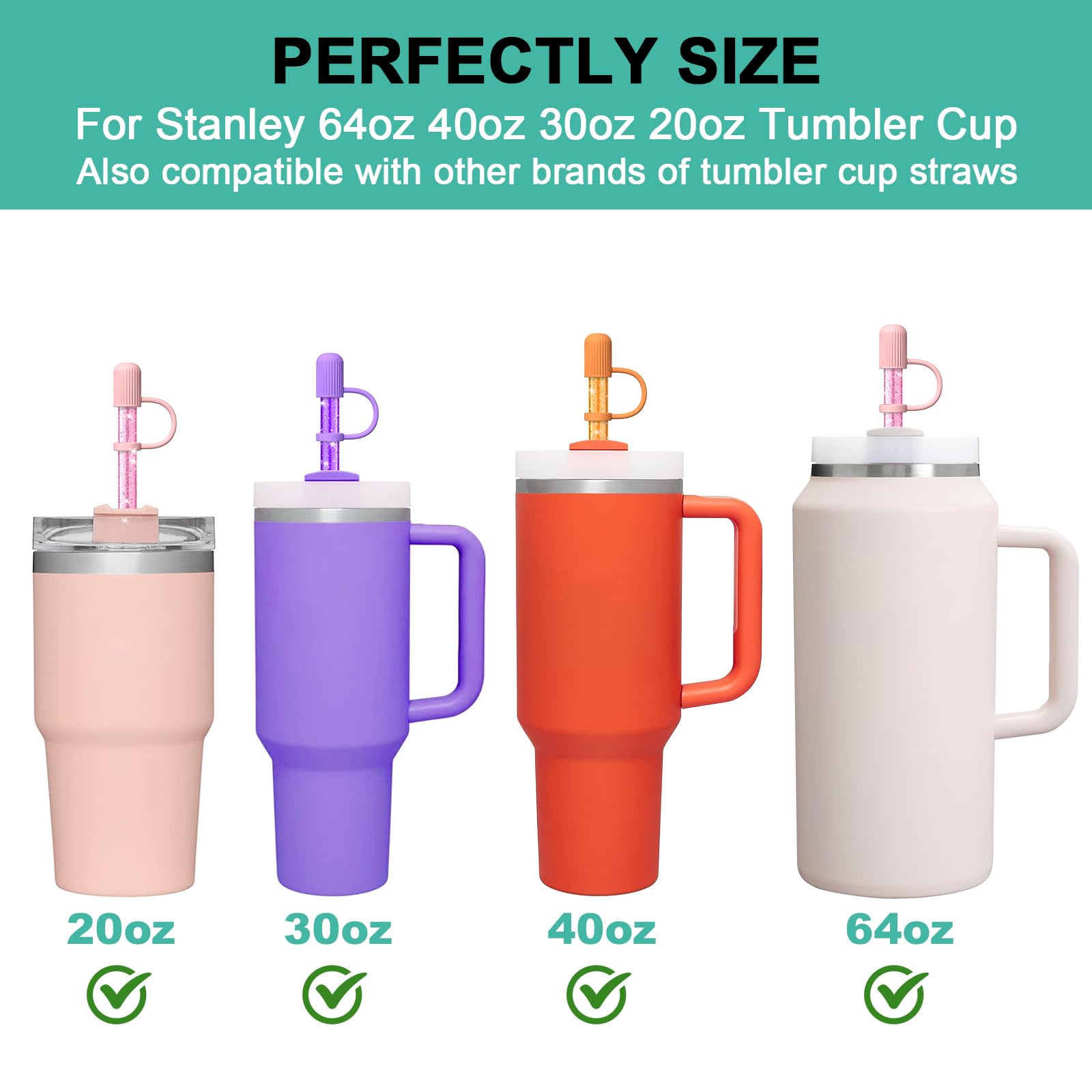 6 Color Replacement Straws with Cover Caps for Stanley Cup 40 oz 30 oz 20 oz 14 oz 64 oz Tumbler, Reusable Drinking Straws with Topper, Stopper, Cleaning Brush for Stanley Cup Accessorie