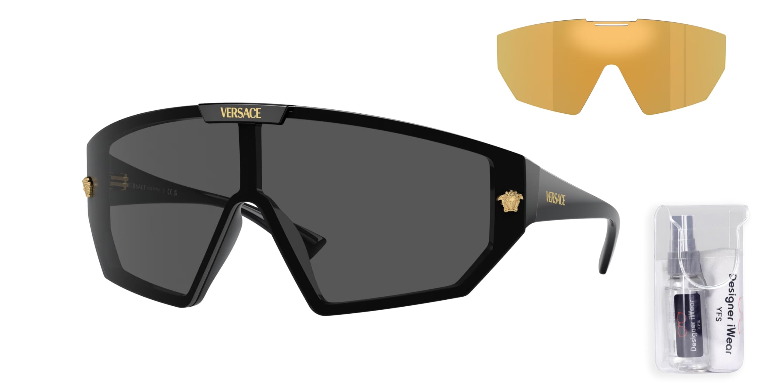 Versace VE4461 GB1/87 47MM Black/Dark Grey/Mirror Gold Shield Sunglasses for Men for Women + BUNDLE With Designer iWear Complimentary Eyewear Kit