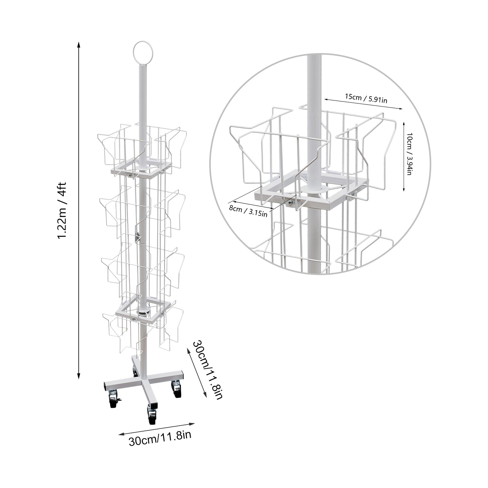 HuaShuani Gift Shop Card Display Rack, 16 Pockets Greeting Card Rack with 4 Universal Wheels for Gift Cards, Postcards, Stickers, Brochures, Metal Material, 360° Spinning, Free Standing