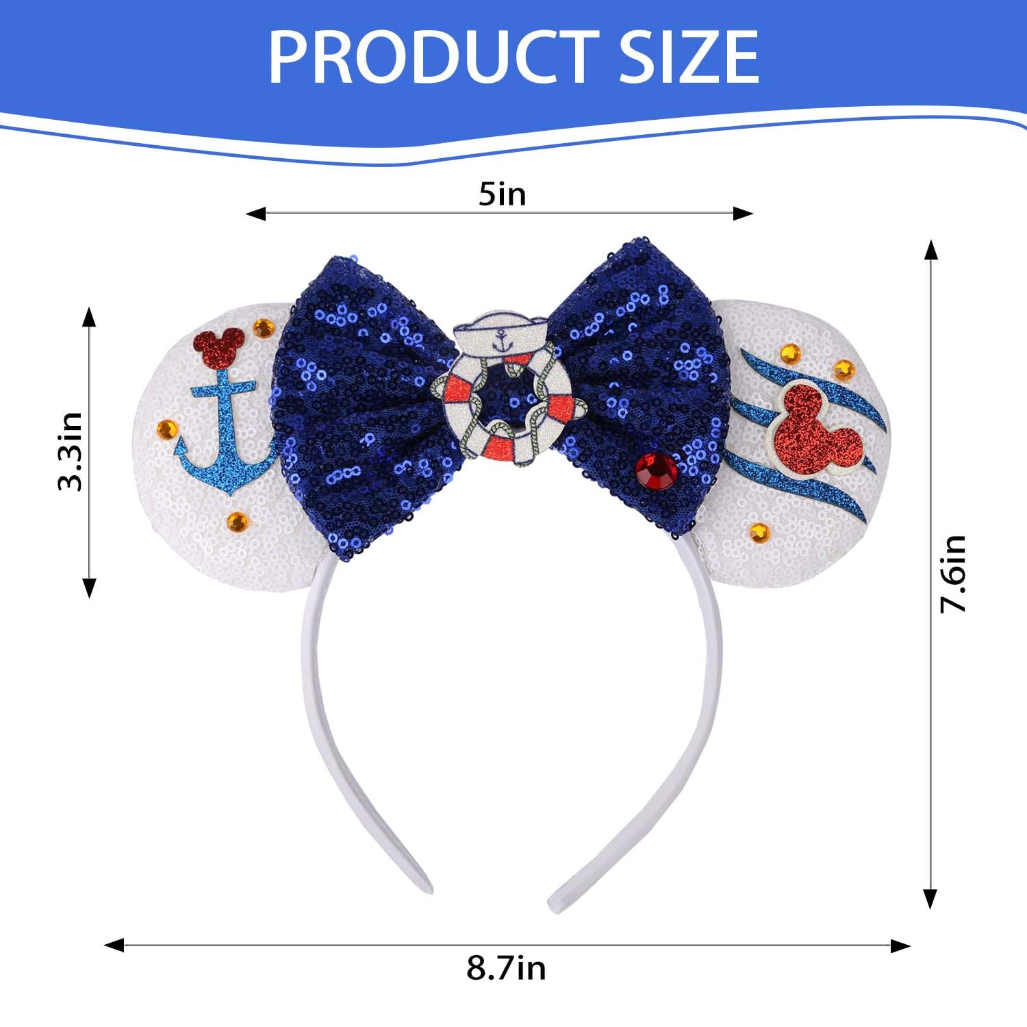 RAZKO Sparkle Cruise Minnie Ears Headband, Glitter Mouse Ears Headband with Bow,Cruise Essentials Princess Decoration Cosplay Costume for Girls Women (Cruise&Boat)