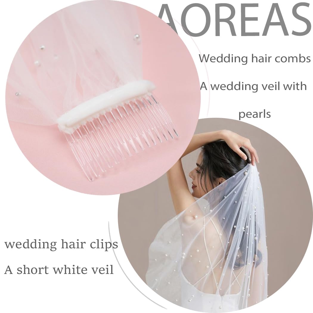 AOREAS White Short Wedding Veil Pearl Rhinestone Bride Veils Bridal Veils Bachelorette Party Veil for Brides and Women (White 1)