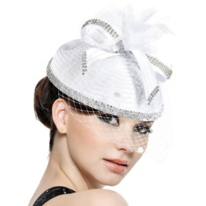 fascinators hat for ladies church derby dress wedding hats veil feather cocktail headband (white)