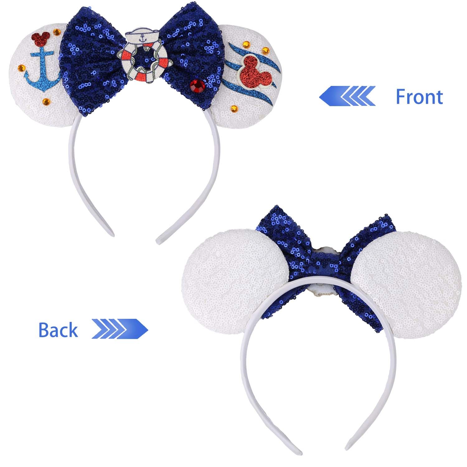 RAZKO Sparkle Cruise Minnie Ears Headband, Glitter Mouse Ears Headband with Bow,Cruise Essentials Princess Decoration Cosplay Costume for Girls Women (Cruise&Boat)