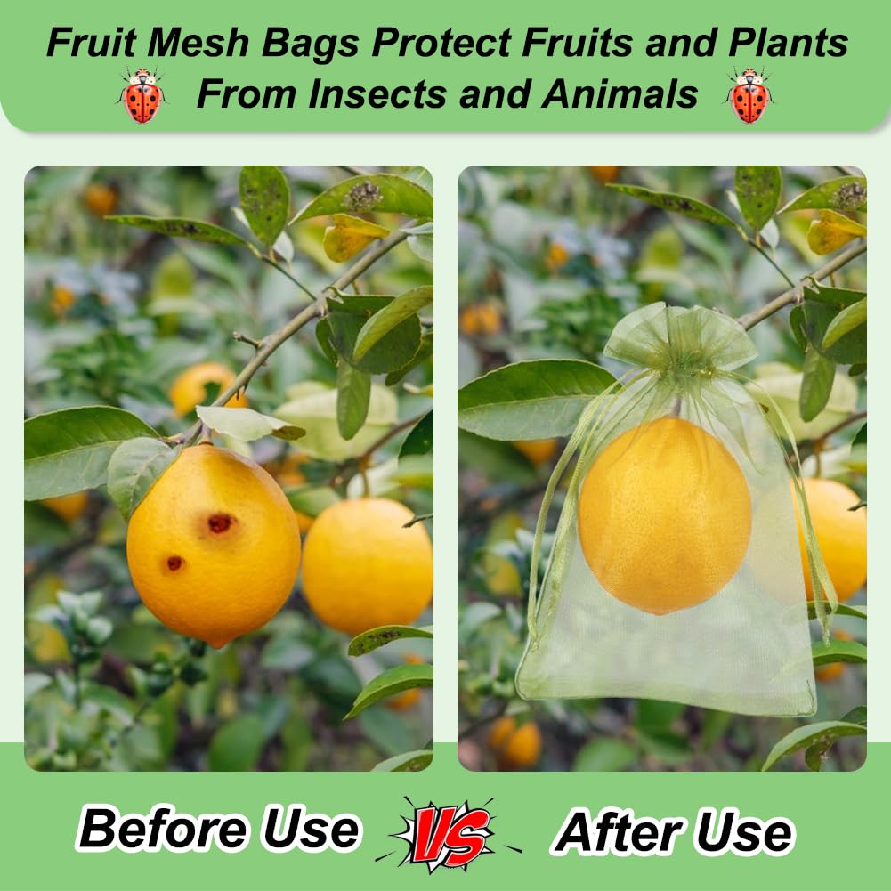 JOINDO 100 Pcs Fruit Protection Bags, 4''×6''Fruit Netting Bags for Fruit Trees, Green Fruit Cover Mesh Bag with Drawstring Netting Barrier Bags for Plant Fruit Flower and Vegetables