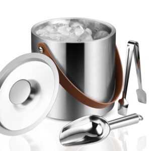 bakpoco double-wall vacuum insulated ice bucket with lid, scoop, ice tong, strainer & leather handle keep ice frozen longer large wine ice buckets for cocktail bar,parties chilling beer champagne 3l