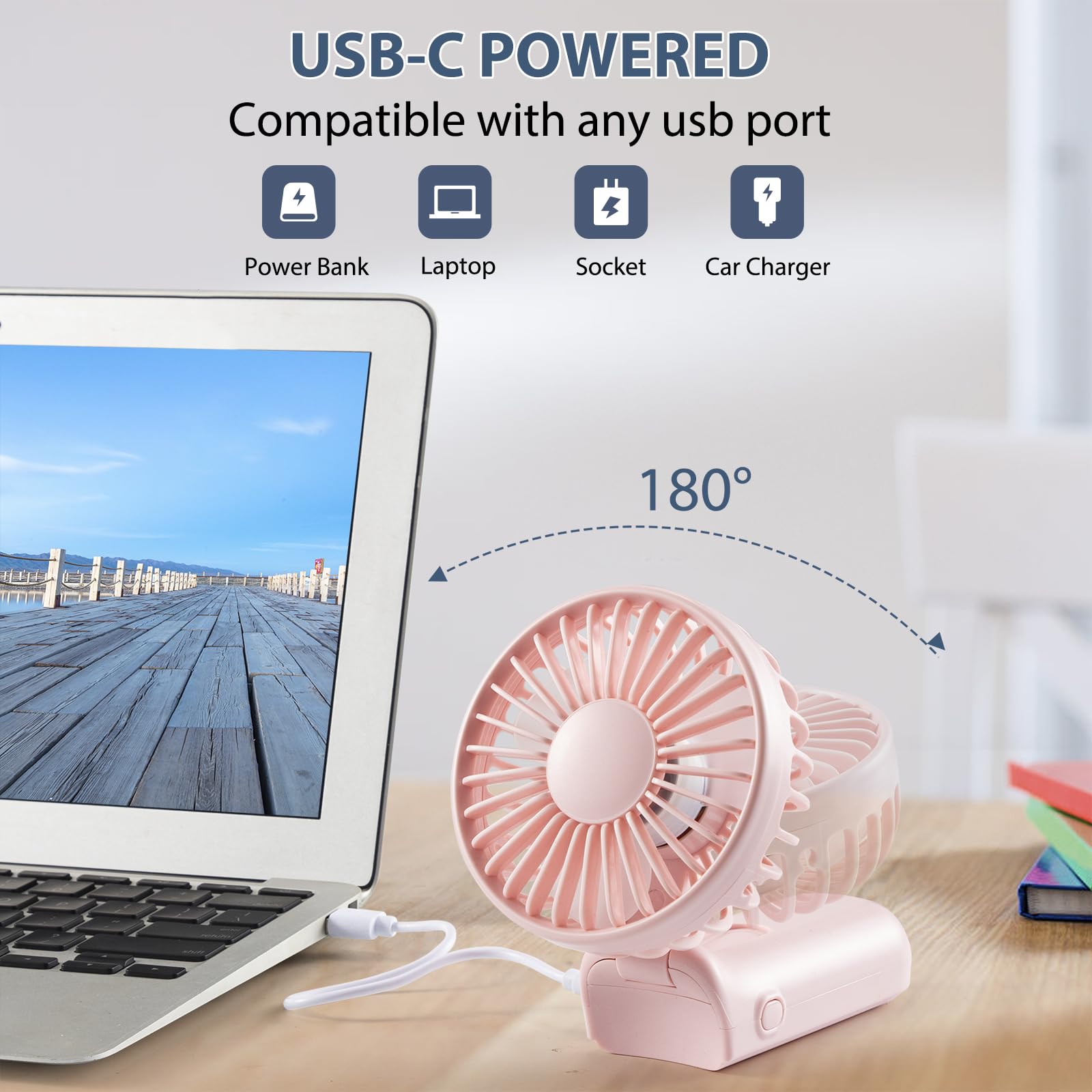 Leimaq Mini Fan Handheld, Handheld/Neck/Desk 3 in 1 Rechargeable Small Portable Fan for Travel, 2400mAh Battery Operated Fan with LED Display, 180° Foldable Fan with 5 Speed Wind (Pink)