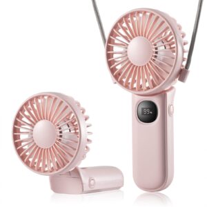 leimaq mini fan handheld, handheld/neck/desk 3 in 1 rechargeable small portable fan for travel, 2400mah battery operated fan with led display, 180° foldable fan with 5 speed wind (pink)