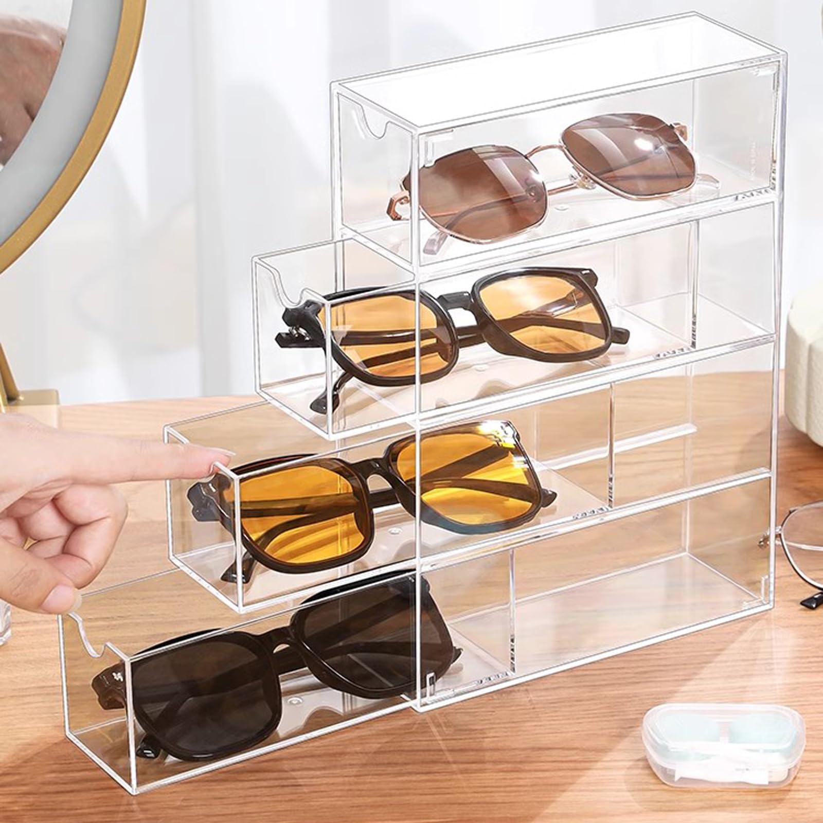 Kenpal Sunglasses Organizer for Multiple Pairs, Acrylic Stackable Glasses Holder with 4 Drawers, Transparent Eyeglass Case (1)