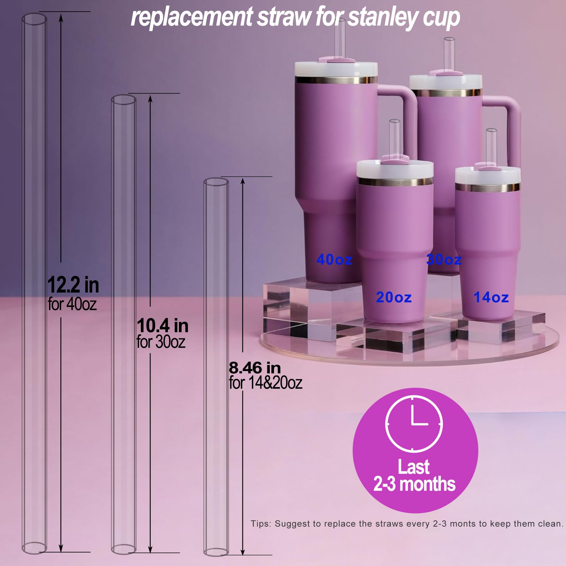 Straws for Stanley Cup, Straw for Stanley Cup 40 OZ, Replacement Straw for Stanley 40oz Tumbler, Tritan Straws with Straw Cleaner, 6Pack