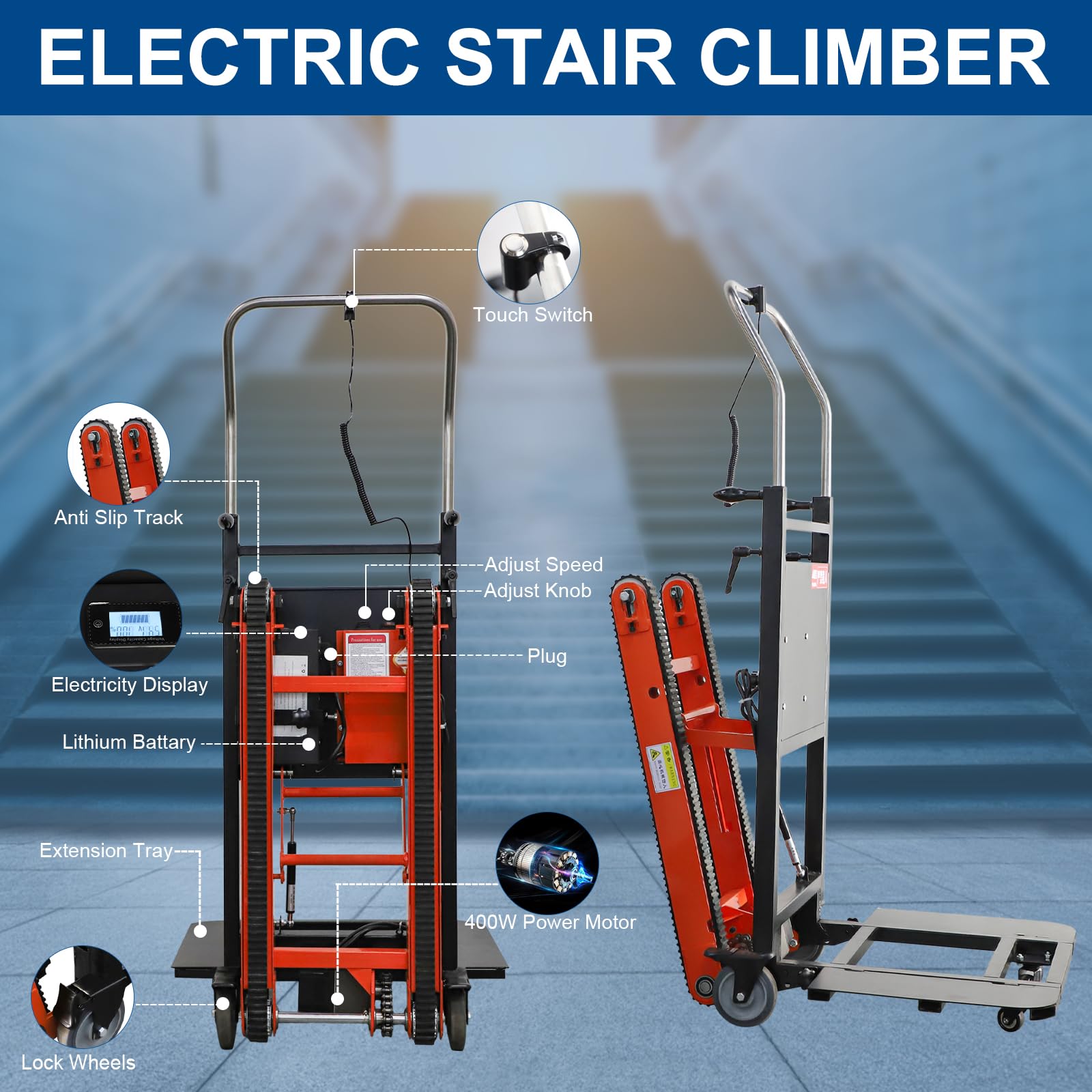 CAMINI Electric Stair Climbing Hand Trucks Dolly Cart for Moving, 441lb Capacity Heavy Duty, 400W Powerful Motor Battery Powered Stair Climber Truck for Furniture Family Logistics Warehouse