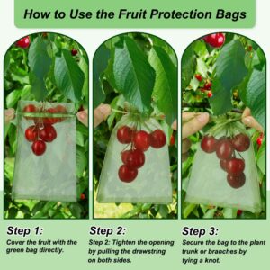 JOINDO 100 Pcs Fruit Protection Bags, 4''×6''Fruit Netting Bags for Fruit Trees, Green Fruit Cover Mesh Bag with Drawstring Netting Barrier Bags for Plant Fruit Flower and Vegetables