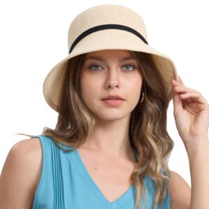 meinicy women sun hat wide brim summer beach hat bamboo fiber weave floppy hat upf 50+ foldable hat beige