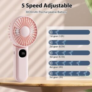 Leimaq Mini Fan Handheld, Handheld/Neck/Desk 3 in 1 Rechargeable Small Portable Fan for Travel, 2400mAh Battery Operated Fan with LED Display, 180° Foldable Fan with 5 Speed Wind (Pink)