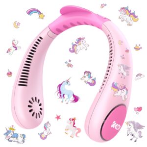 kids neck fan, portable bladeless neck fan for kids, 2600mah rechargeable cooling fan for 4-14y girls boys with unicorn stickers, 4 speeds & lightweight wearable quiet fan for study/camping/travel